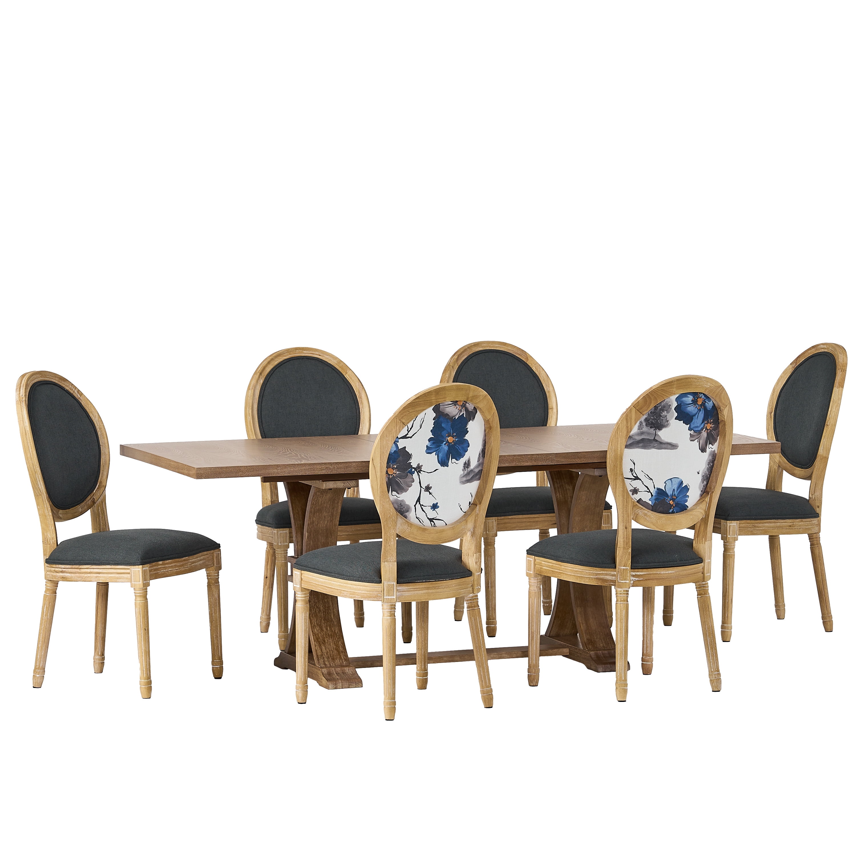Noble House Dored Fabric and Wood 7 Piece Dining Set, Dark Gray, Floral ...