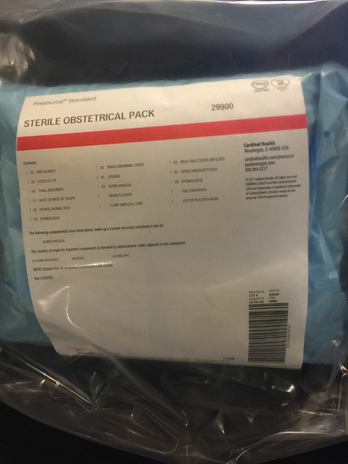 CARDINAL HEALTH 29900 STERILE LATEX-FREE SINGLE-USE OBSTETRICAL PACKS ...