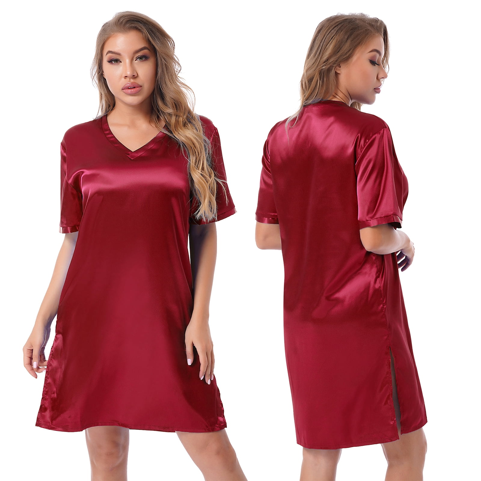 TiaoBug Women Satin Nightgown V Neck Short Sleeve Sleep Shirt Dress ...