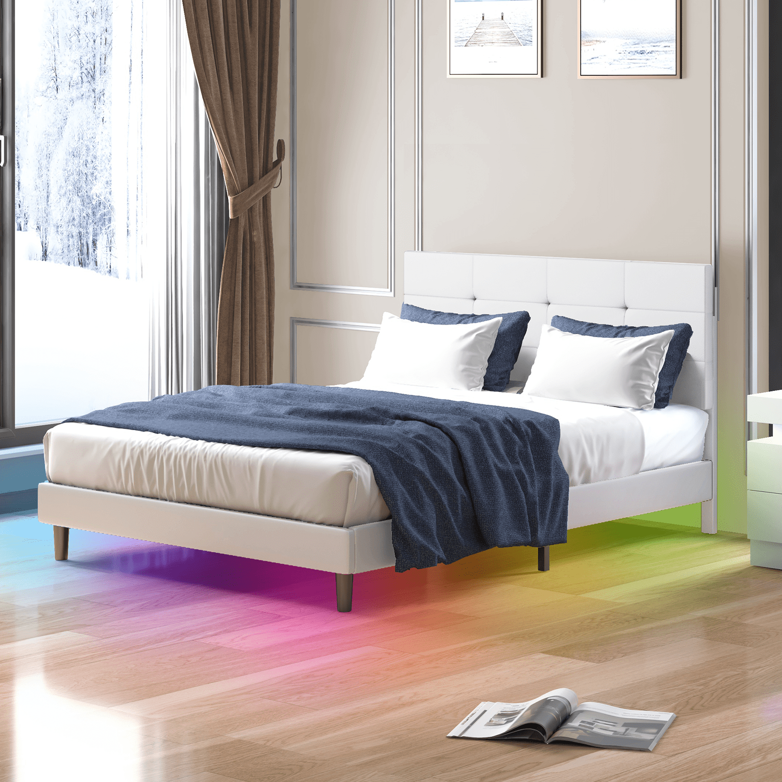 Muzz Modern Upholstery Size Full LED Bed, White Platform Frame with 8 ...