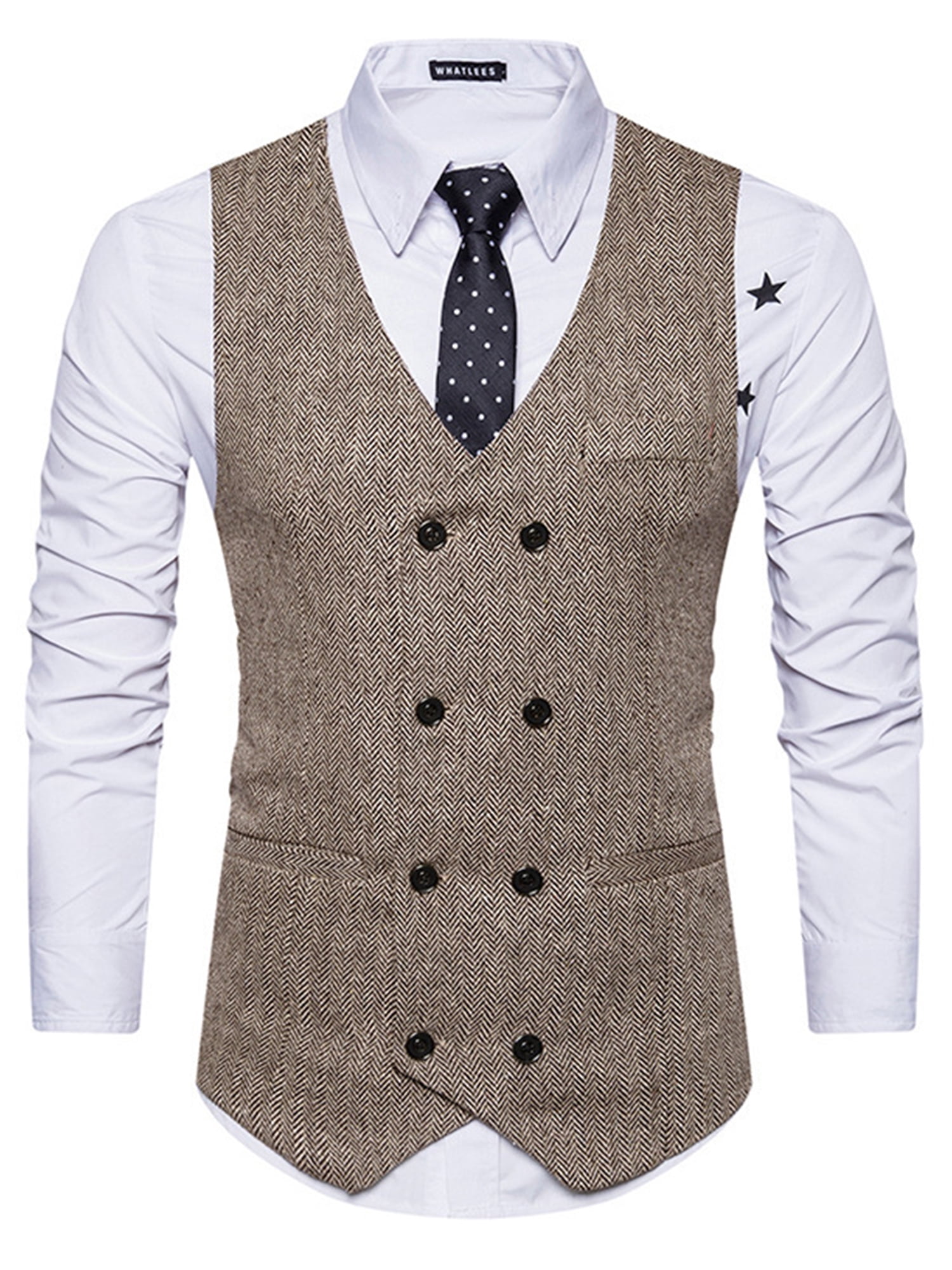 Grianlook Men's V-Neck Suit Vest Double Breasted Formal Suit Dress Vest ...