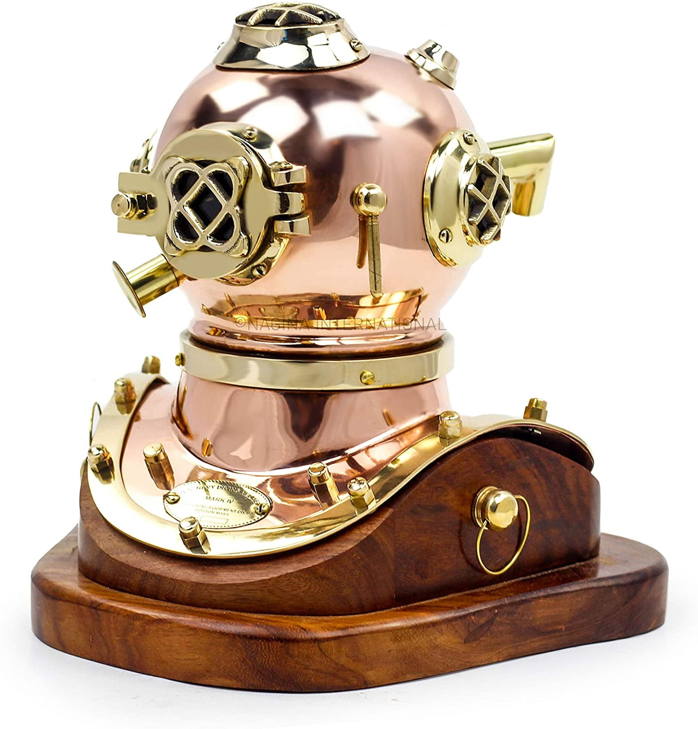 6" Polished Brass & Copper Mark V Dive Helmet w/Wood Base | Authentic ...