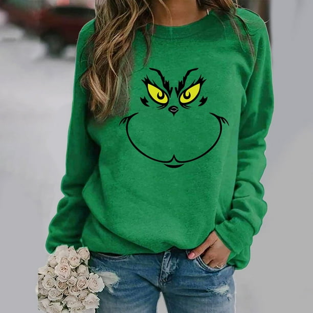 Women's Fashion Grinch Printed Long Sleeve Sweater Crewneck Stitching ...