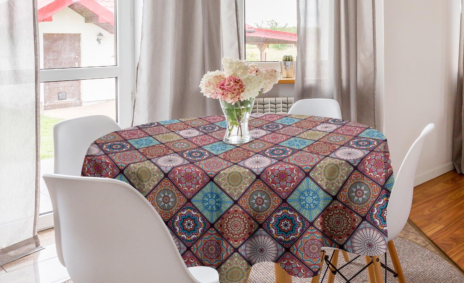 Mandala Round Tablecloth, Colorful Mosaic Tile Pattern with Abstract ...