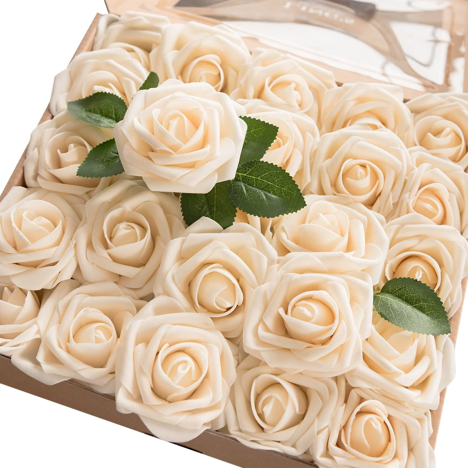 Artificial Flowers 25pcs Real Looking Cream Fake Roses w/Stem for DIY ...