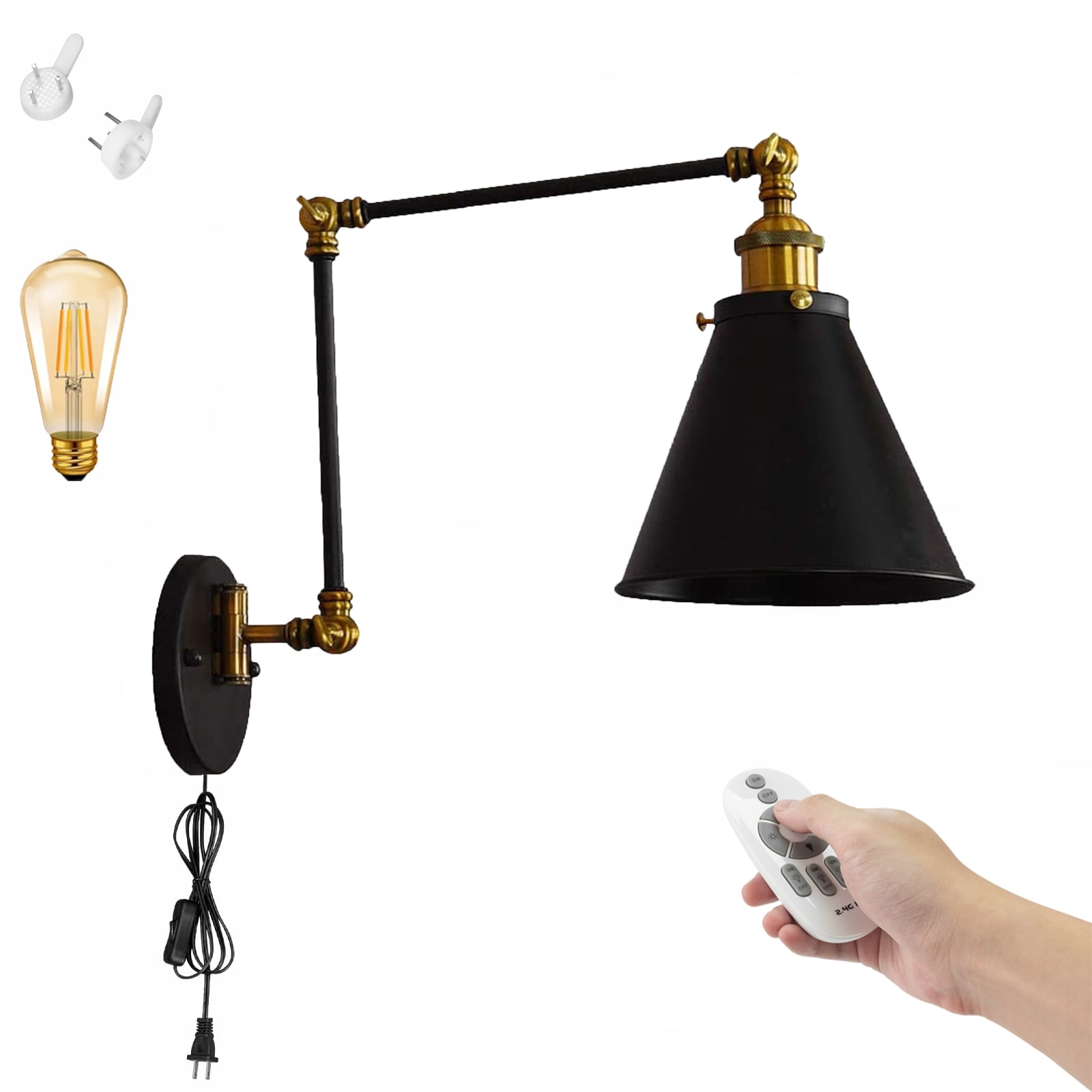 FSLiving Remote Control Wall Lamp with UL 5.9ft Black Plug-in Button ...