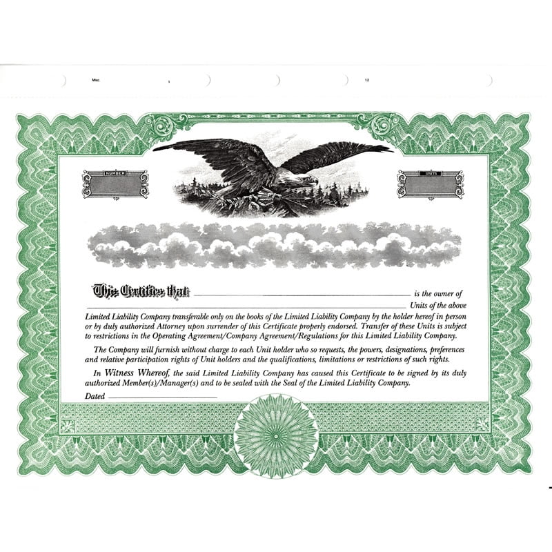 Short Form Green LLC Certificate, LLC Membership Certificates, Size 8-1 ...