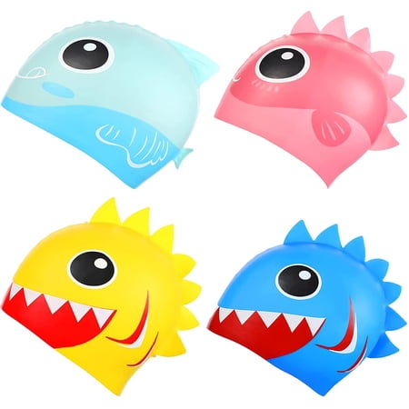 4 Pieces 5-10 Years Children Swim Cap Cute Carton Design Child Swim Cap ...