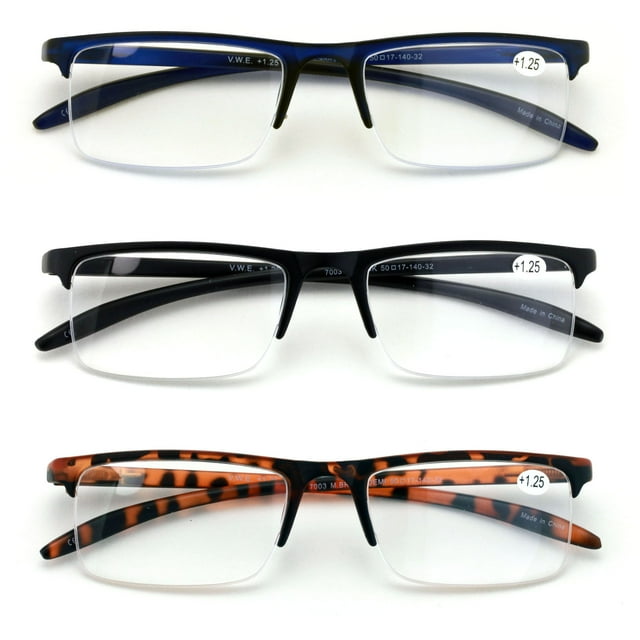 3 Pairs Half Rim Rectangular Readers With Spring Hinge - Extended ...