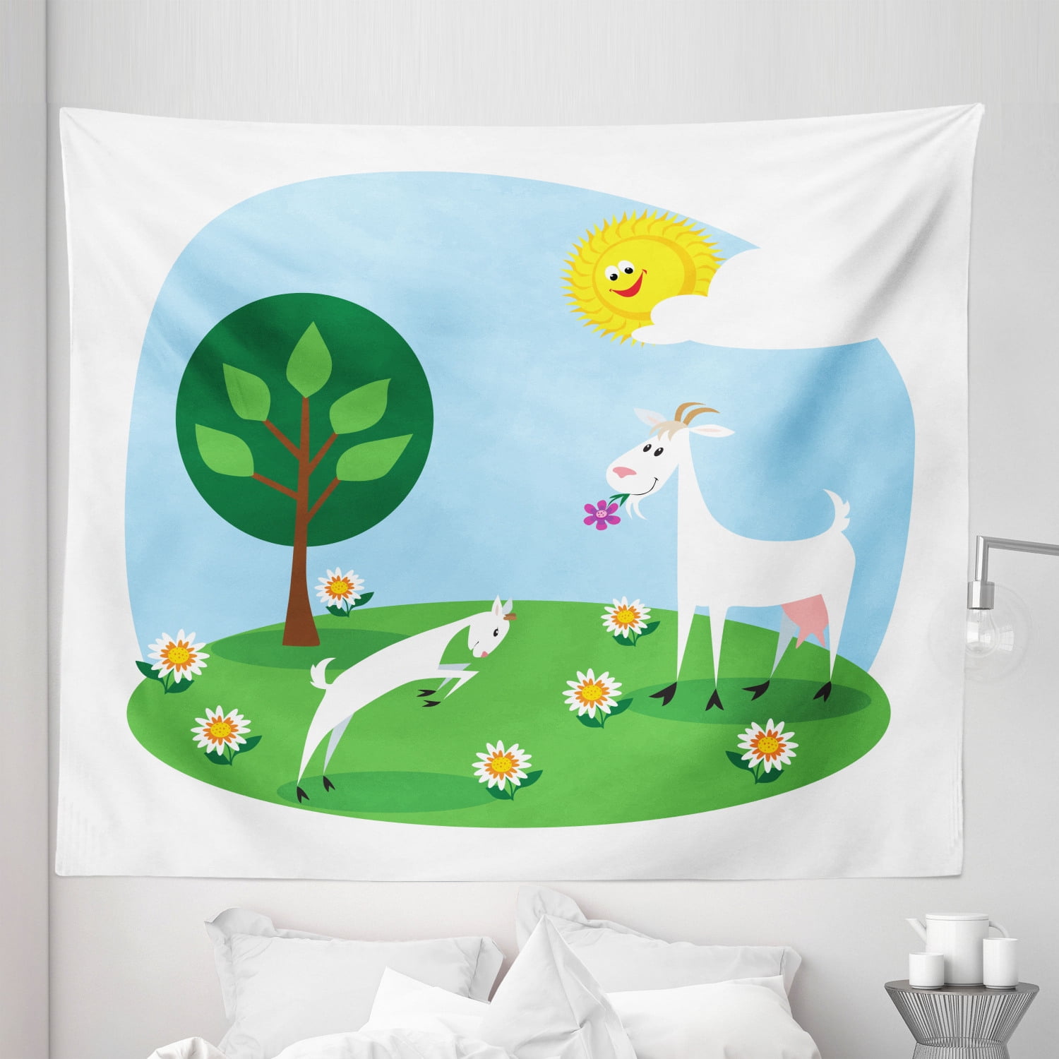 Goat Tapestry, Cartoon Goat and His Playing in the Meadow Eating Daisy ...