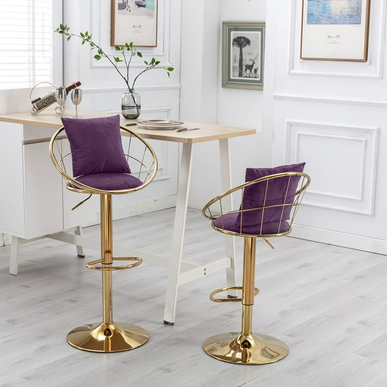 23 31 Inch Velvet Bar Stools Counter Height Adjustable Swivel Barstools High Bar Chairs with Back Golden Metal Base Stools Chair with Footrest for Dinning Room and Bar Purple Set of 2 Walmart