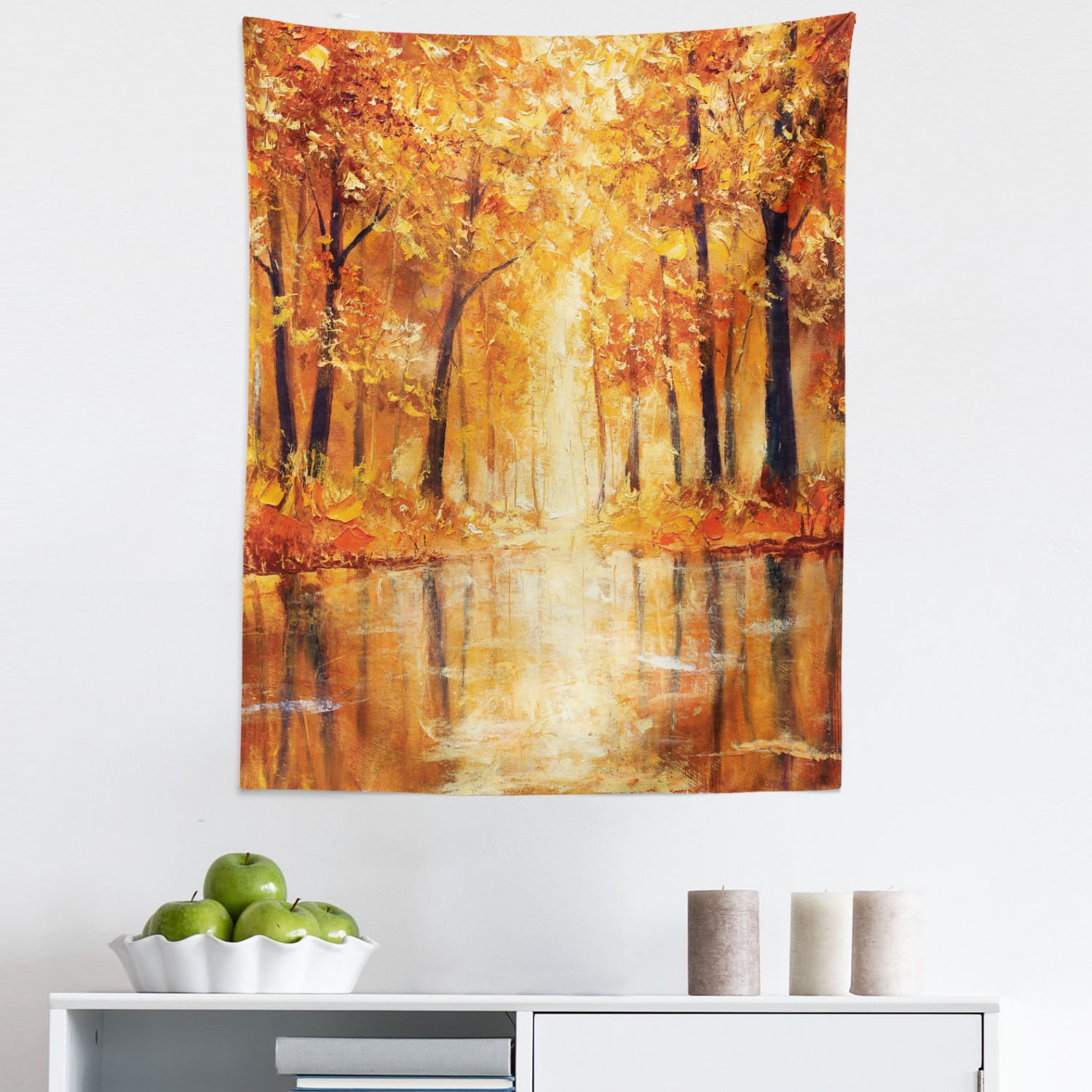 Autumn Tapestry, Painting of a Forest by the Small Lake in Autumn Pale ...