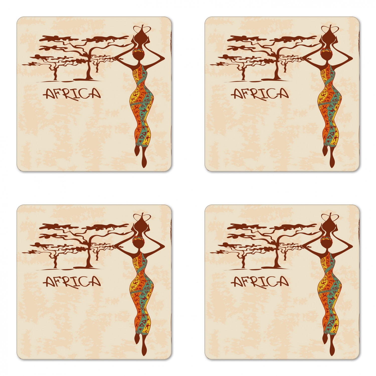 African Coaster Set of 4, Vintage Themed Illustration Slim Indigenous ...