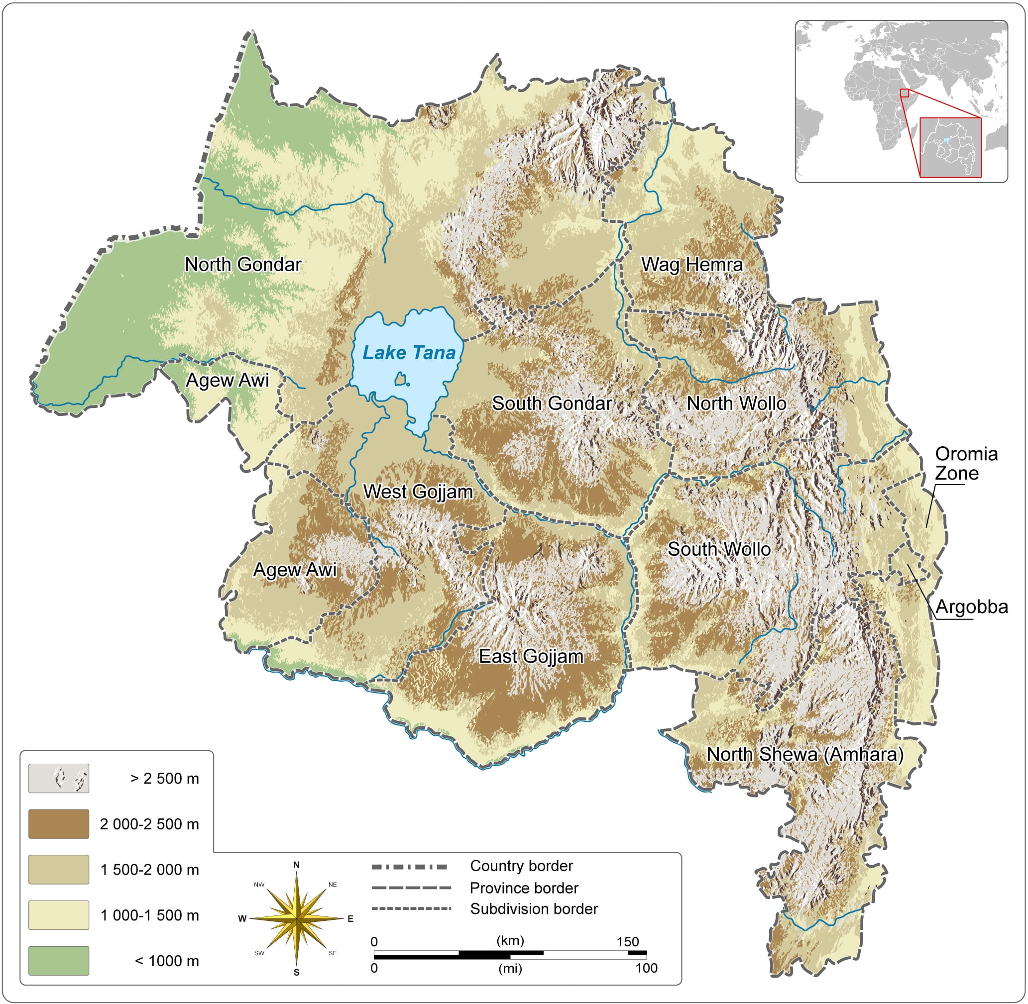 24x24in Elevation map of the Amhara Region in Ethiopia and subdivisions ...