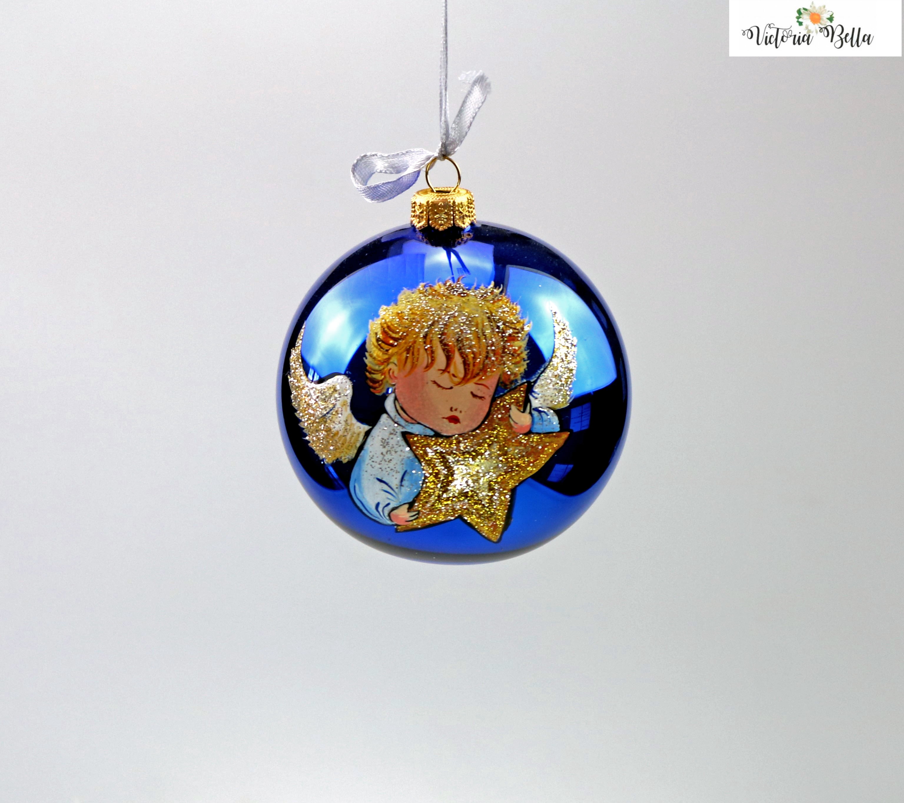 Victoria Bella 4-inch Hand-Painted Glass Blue Patterned Christmas Ball ...