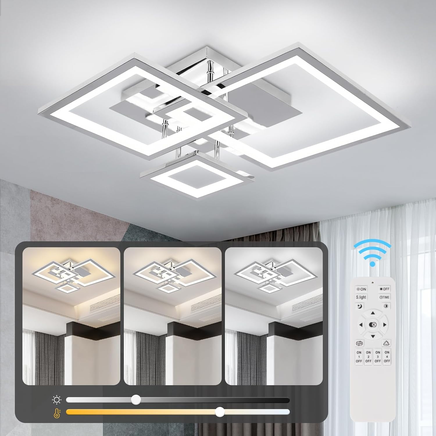 Modern Black Led Ceiling Light 3-Square Design 3000K-6500K Dimmable LED ...