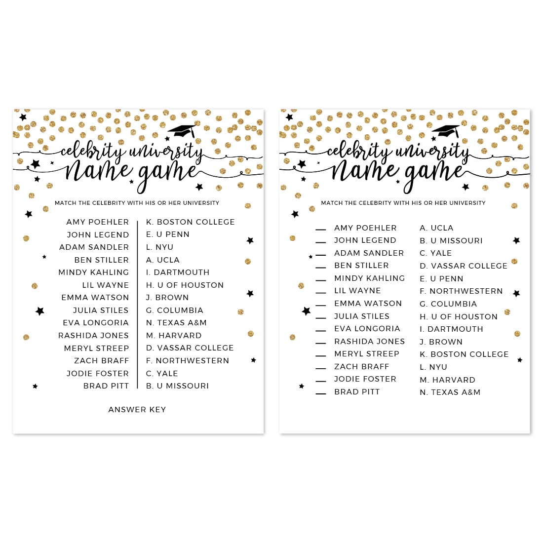 White and Gold Glittering Graduation, Celebrity Name Game Cards, 20 ...
