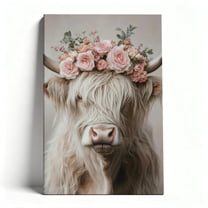 Highland Cow with Pink Floral Crown Canvas Wall Art, Whimsical ...