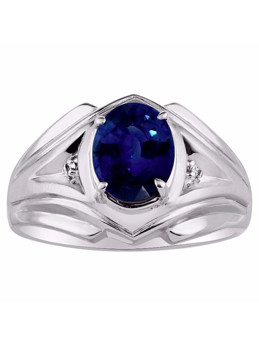 Mens Classic Oval Sapphire & Diamond Ring Set in Sterling Silver .925 ...