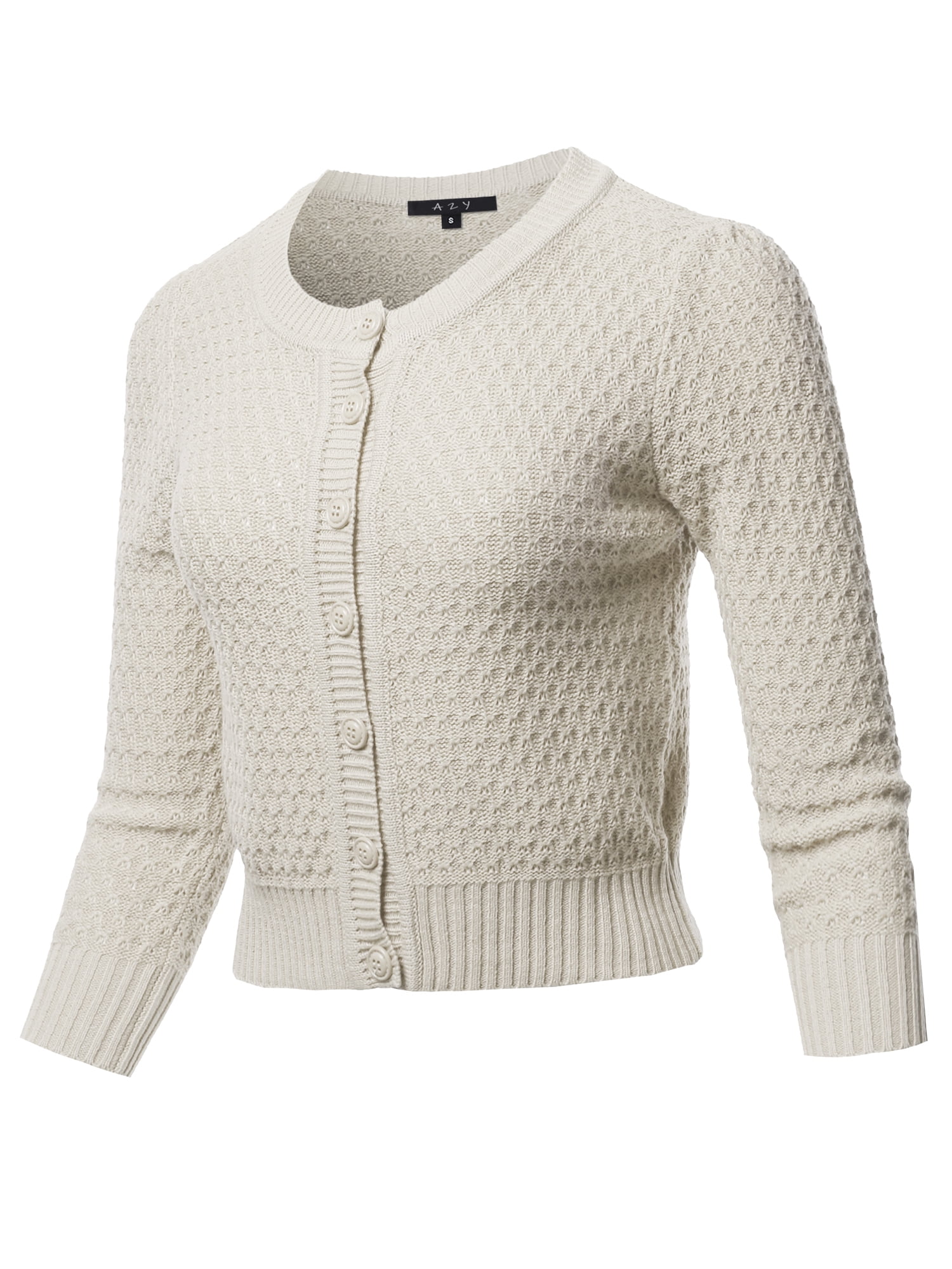 A2Y Women's Solid Cropped 3/4 Sleeve Button Down Crew Neck Knit ...