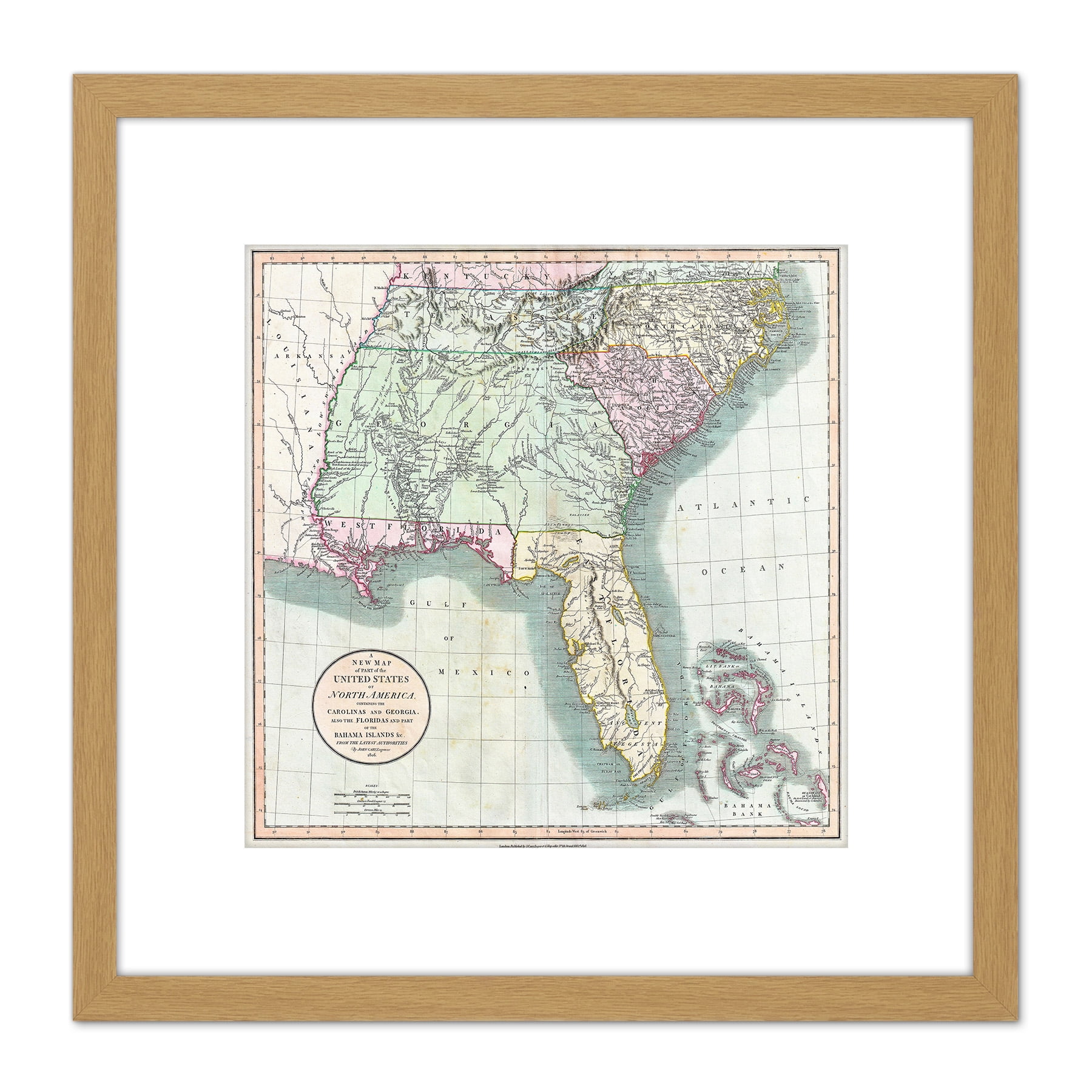 Map 1806 Cary Carolinas Georgia Florida 8X8 Inch Square Wooden Framed ...