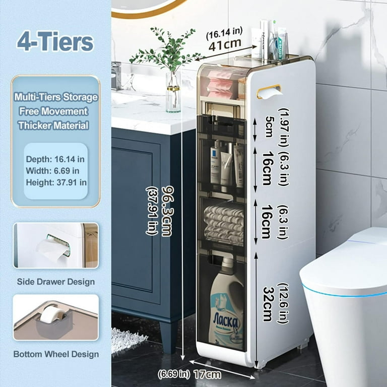 Rolling Storage Tower With Drawers 4-Tier Slim Bathroom Floor Cabinet ...