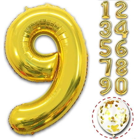 40 Inch Gold Number 9 Balloon, with 4.8inch Gold Glitter Balloon ...