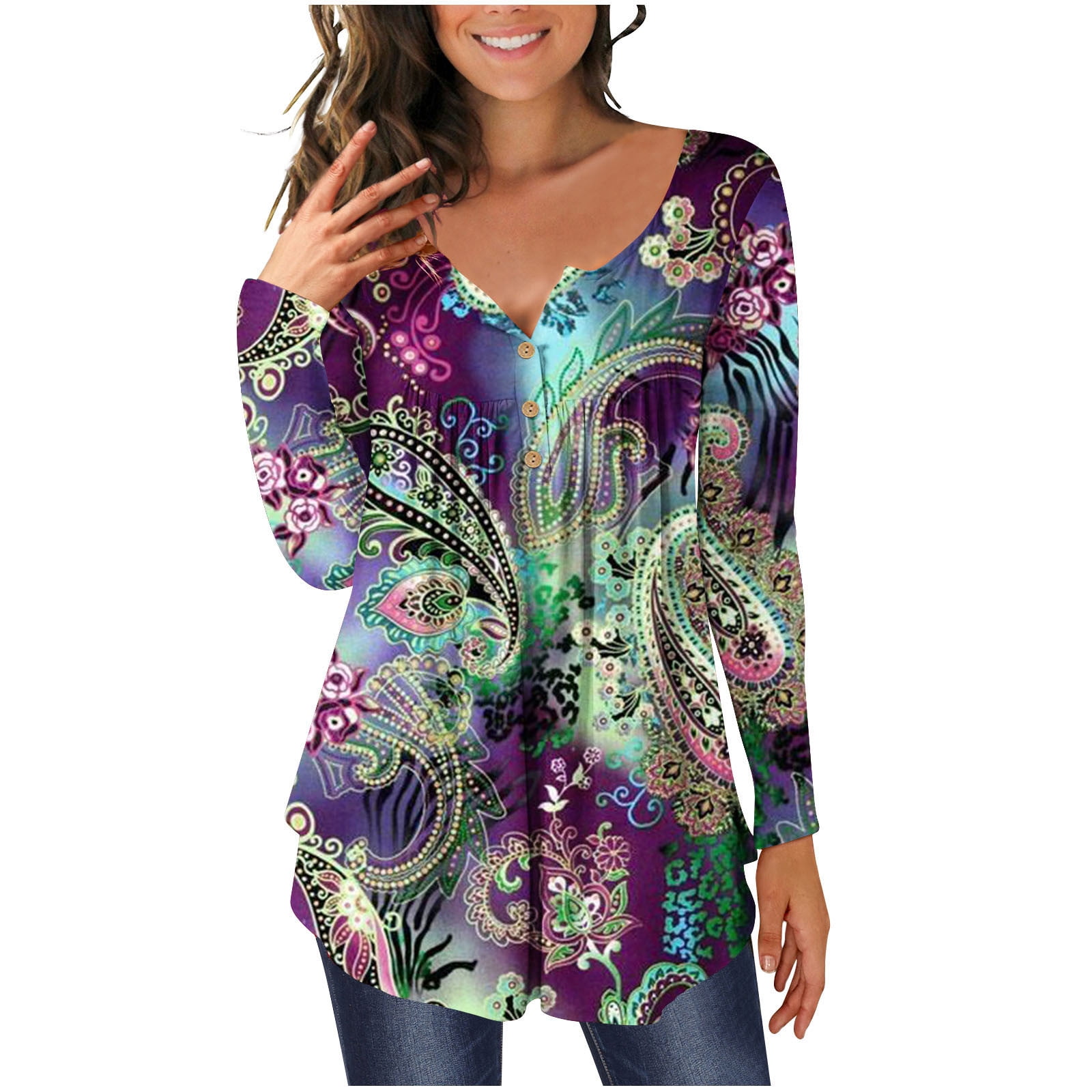 Henley Tunic Tops for Women Hide Belly Tunic Floral Print Blouse Front ...