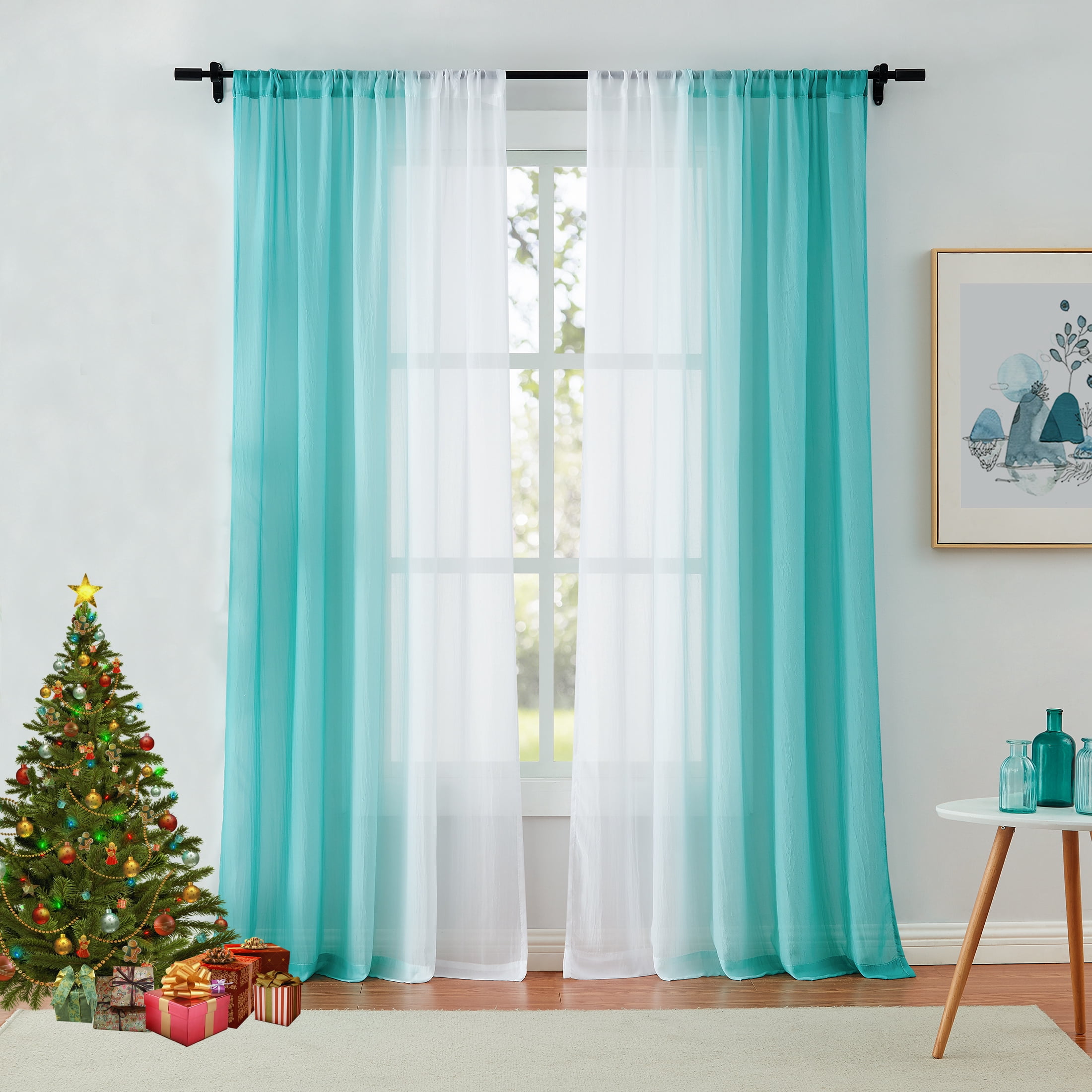 Junvictex Teal Ombre Chiffon Sheer Window Curtain Crinkle Voile Panels ...