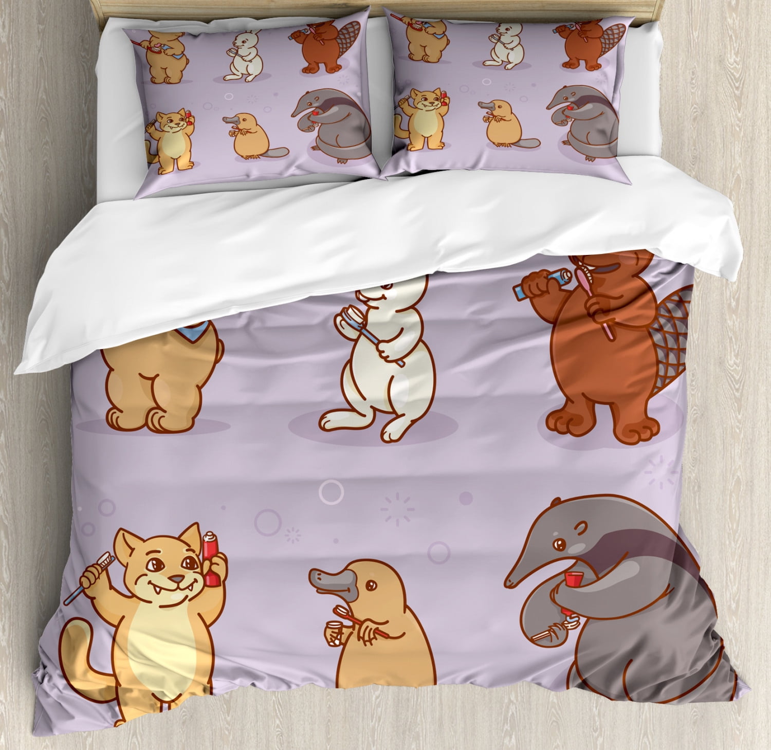 Animals Duvet Cover Set Queen Size, Ant Eater Hare Beaver and Cat ...