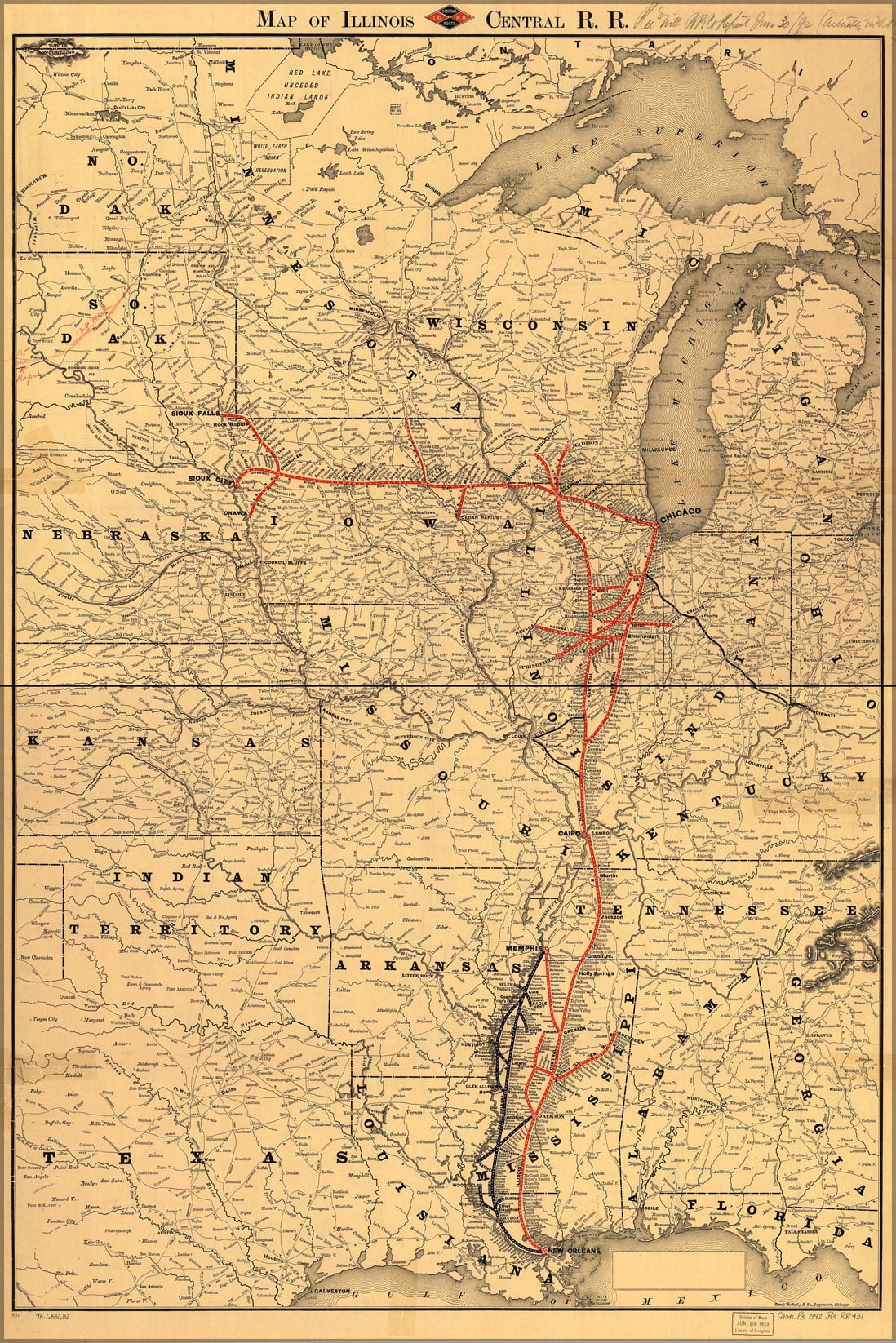 24"x36" Gallery Poster, 1892 map of the Illinois Central Railroad ...