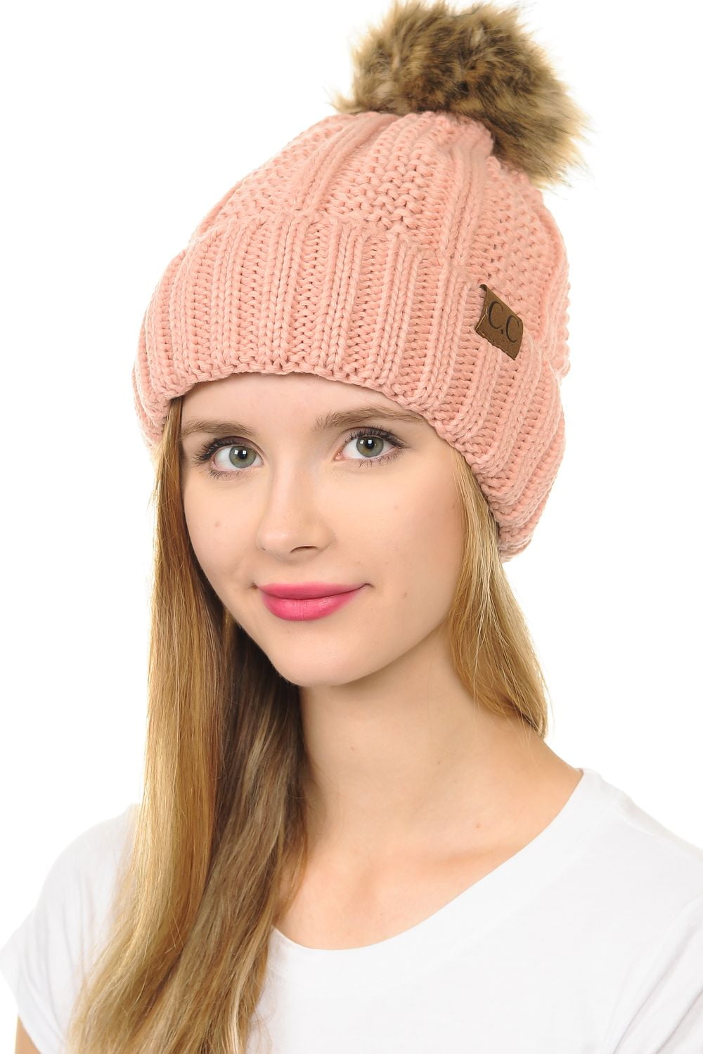 C C C C YJ 820 Thick Cable Knit Hat Faux Fur Pom Pom Fleece Lined c-c-c-c-yj-820-thick-cable-knit-hat-faux-fur-pom-pom-fleece-lined