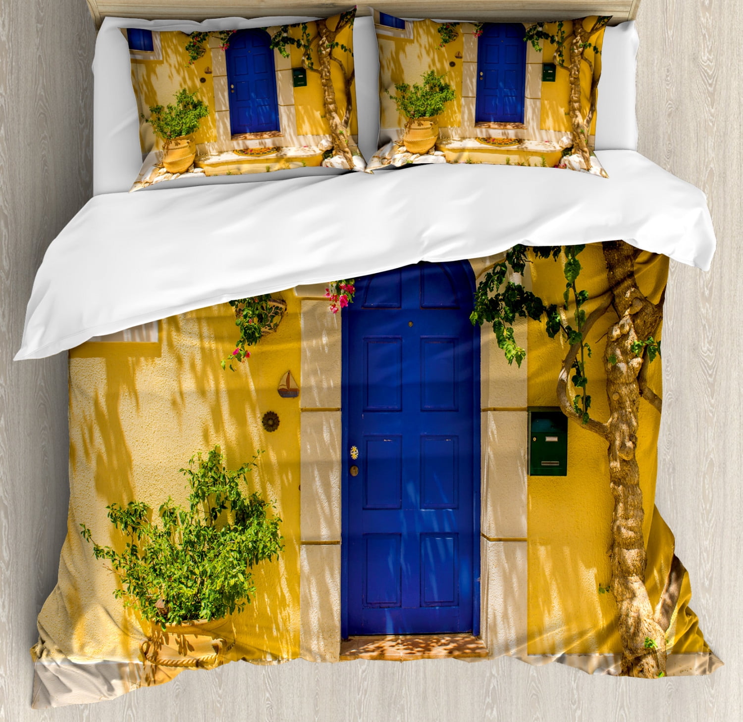 Yellow and Blue Duvet Cover Set King Size, Traditional Greek House Door ...