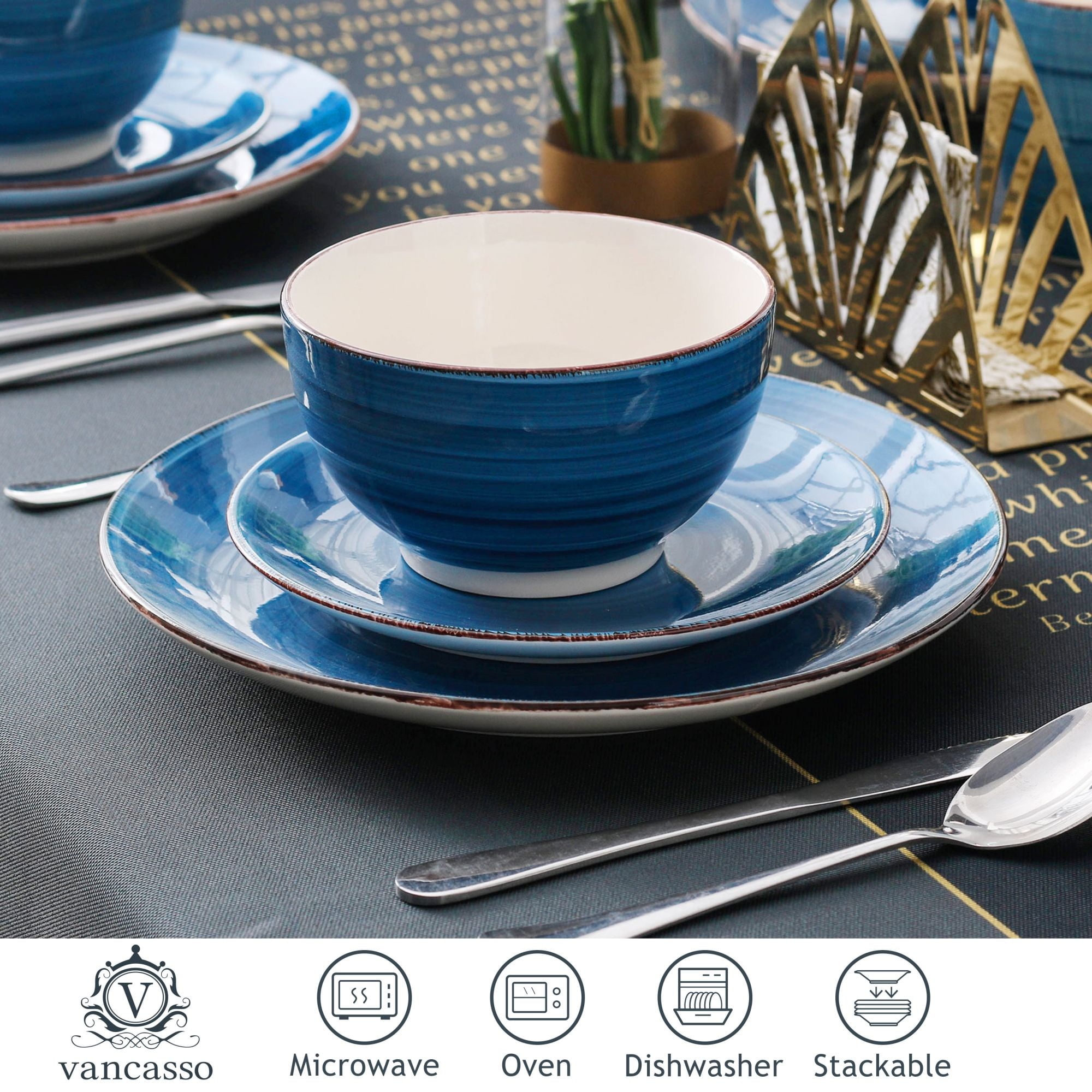 Buy vancasso, Series Bella, 32-Piece Stoneware Dinnerware Set, Blue Dinner Set, Service for 8 ...
