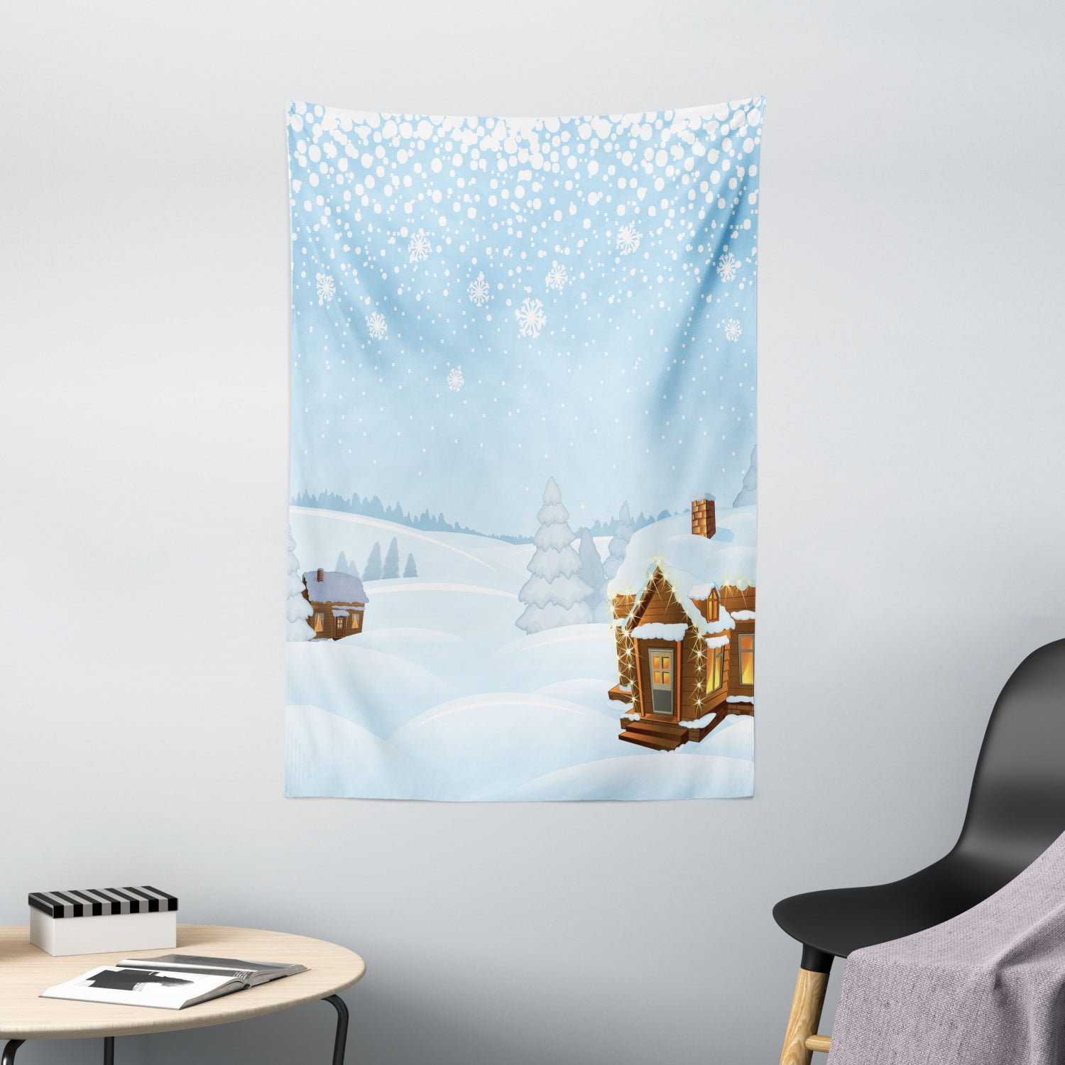 Log Cabin Tapestry, Illustration of a Snowy Day in a Rural Landscape ...