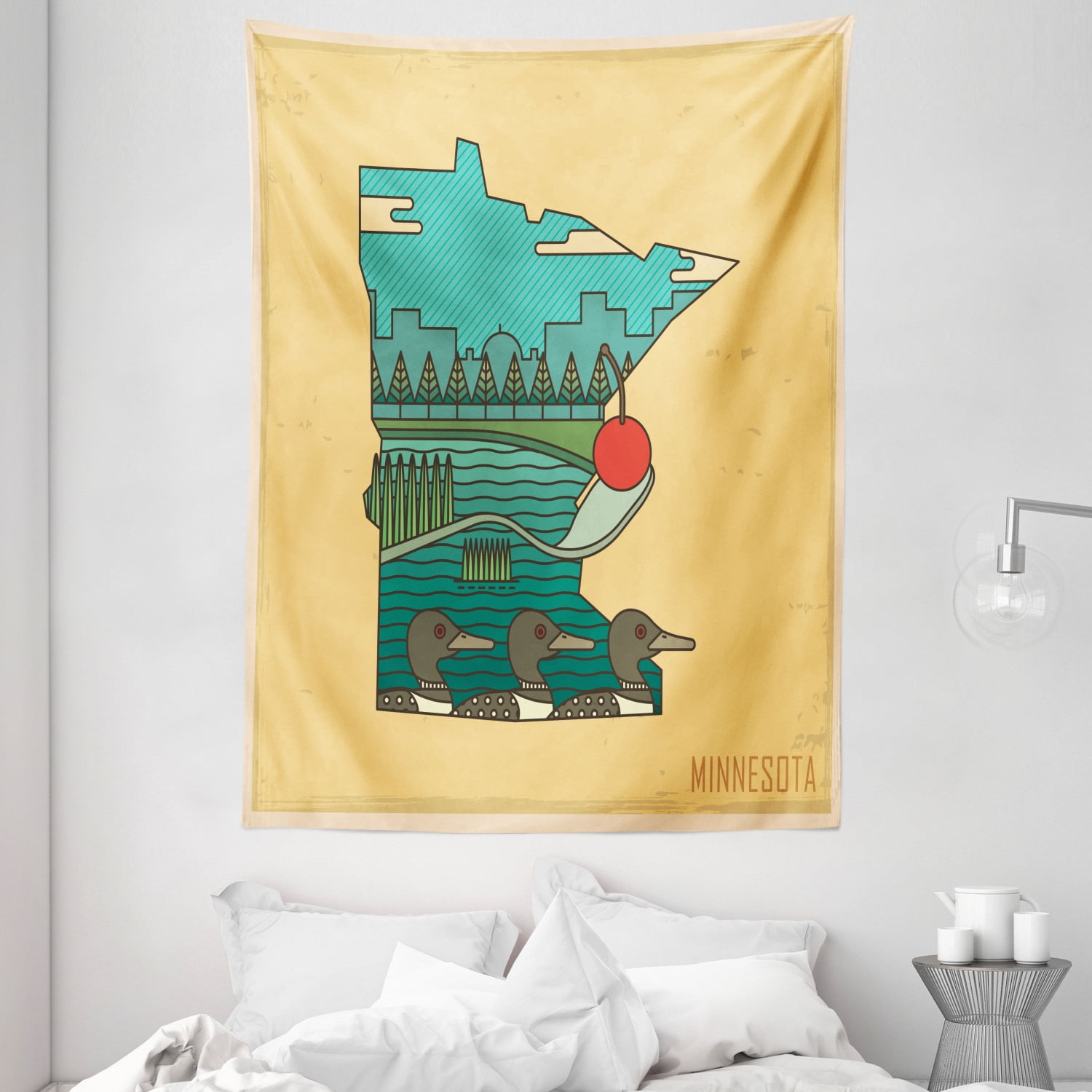 Minnesota Tapestry, Doodle Minnesota State Map Superimposed with Ducks ...