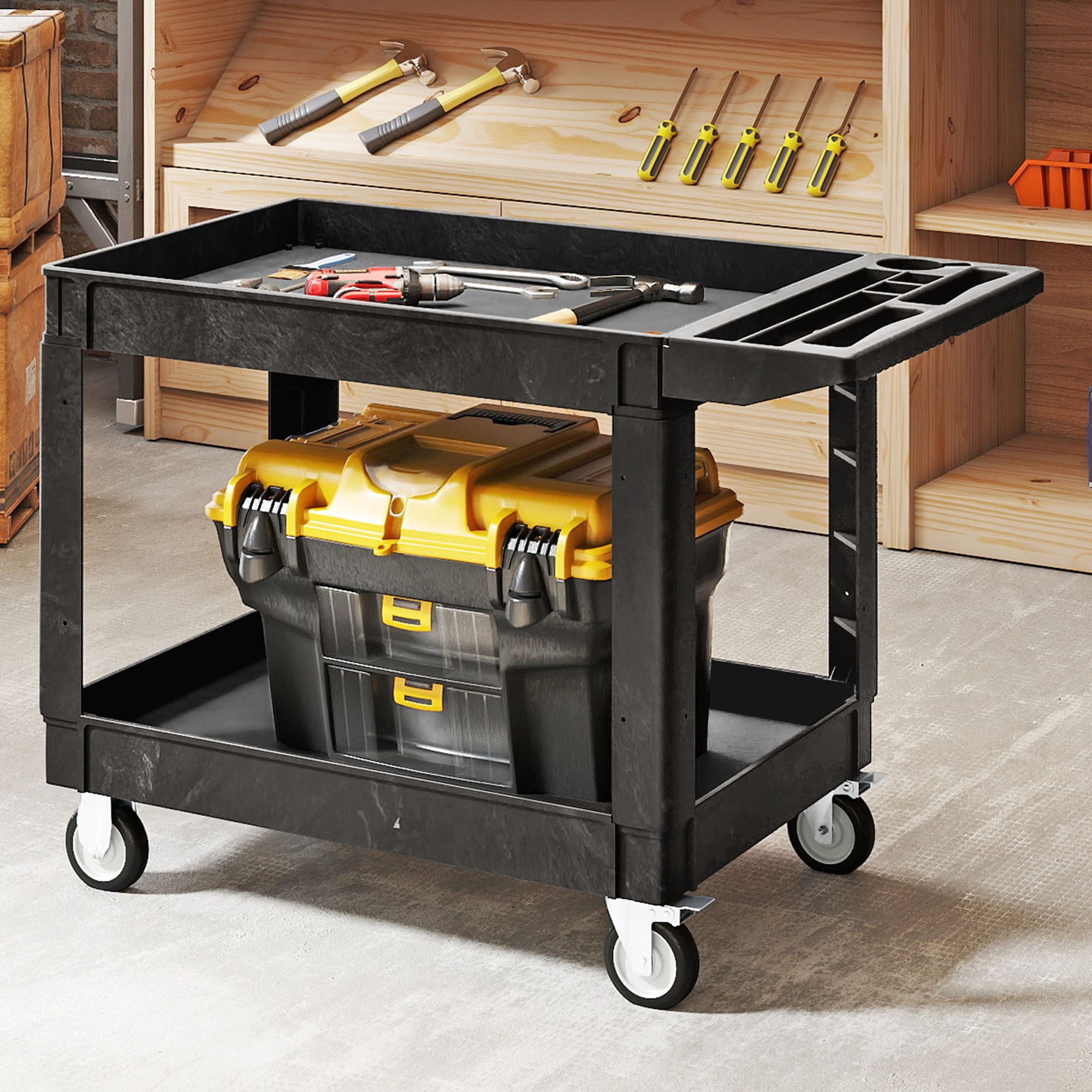 Dextrus Heavy-Duty Rolling Utility Cart With Lockable Wheels  2-Shelf Hdpe Plastic Service Cart  550 Lbs Capacity  45 X 25X 34  For Garage  Kitchen