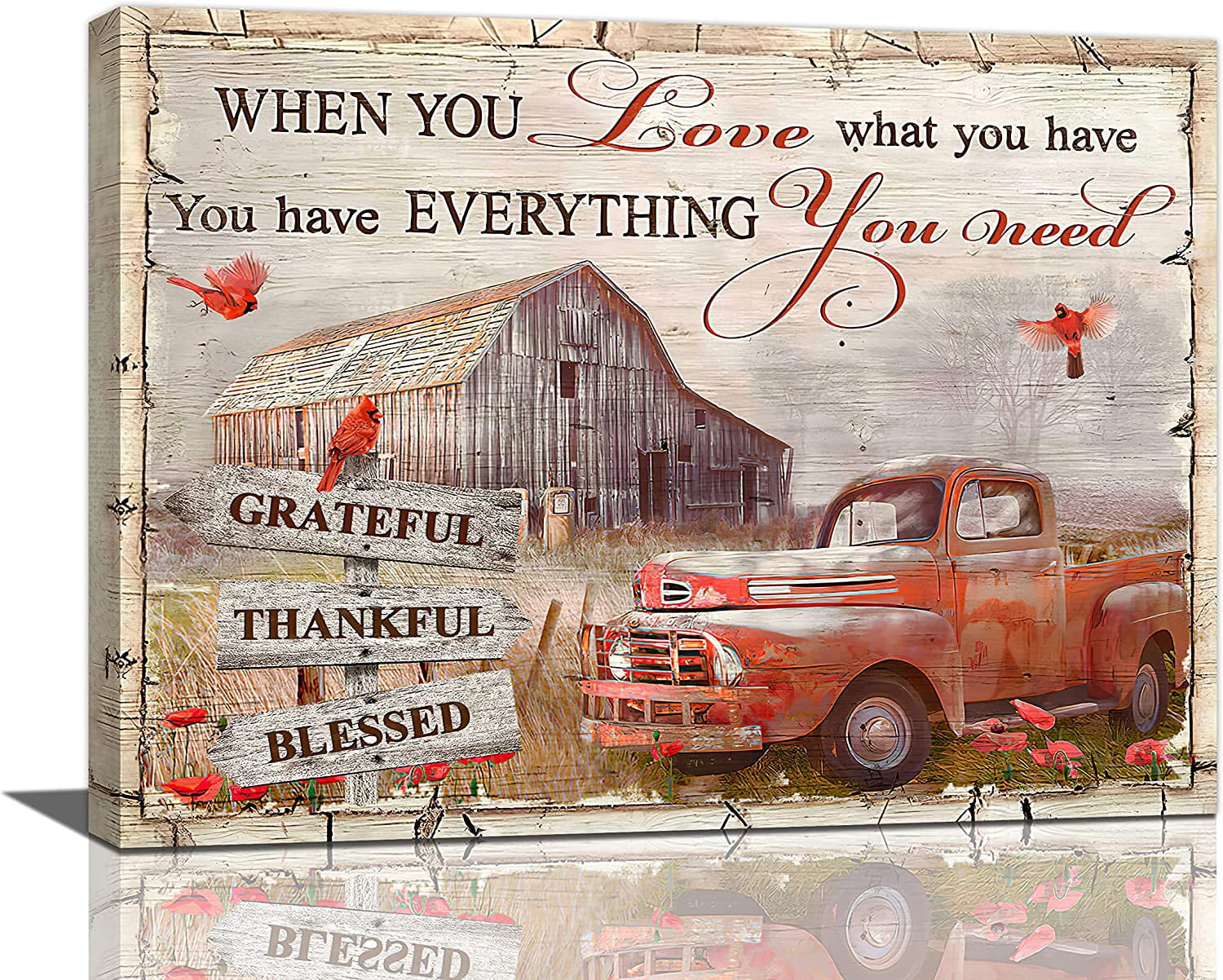 Vintage Truck Canvas Wall Art Farmhouse Old Barn Wall Decor Red Truck