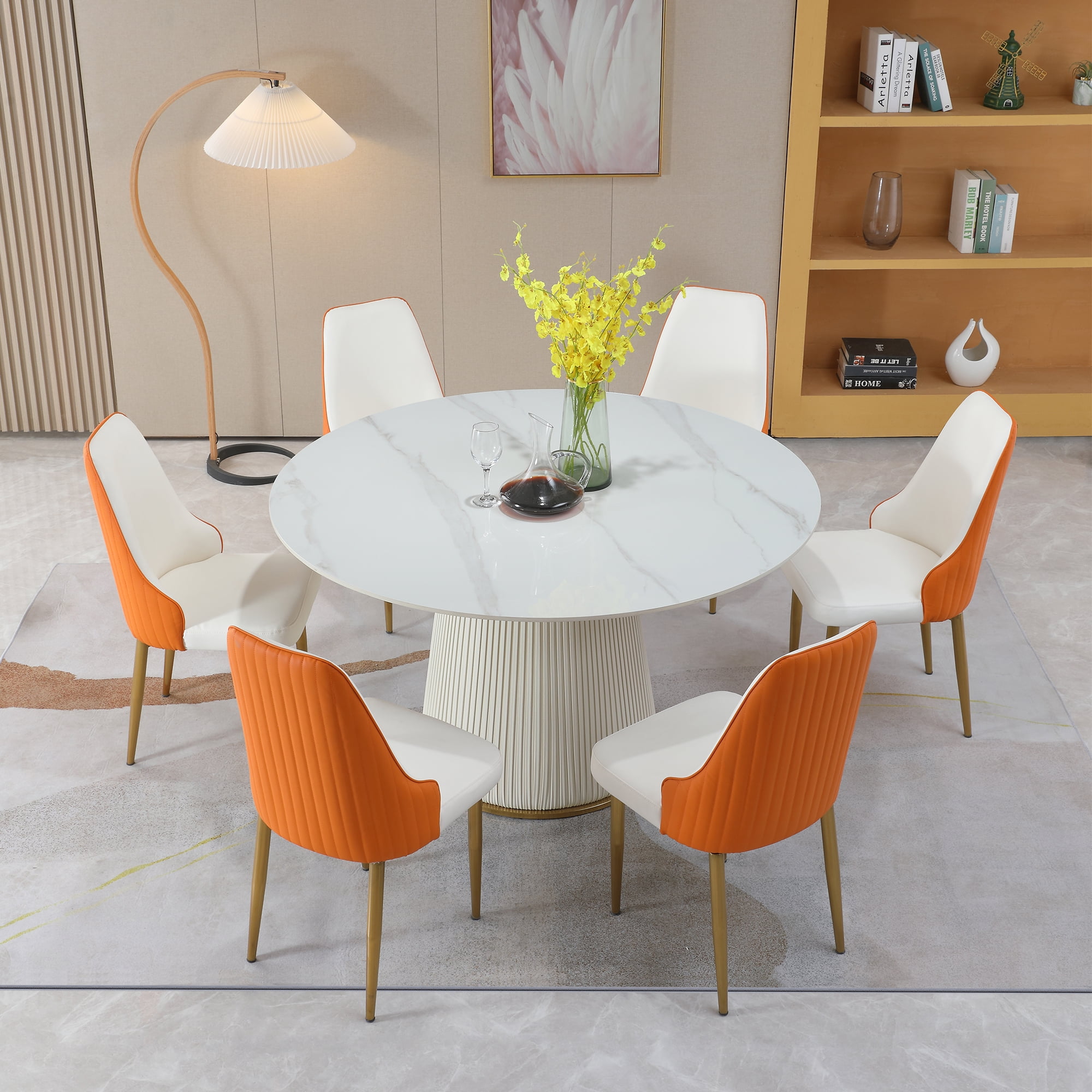 Leavader 53” Round Sintered stone White Dining Table Set for 6 People ...