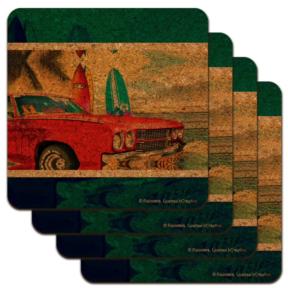 Red Classic Muscle Car Beach with Surf Boards Low Profile Novelty Cork ...