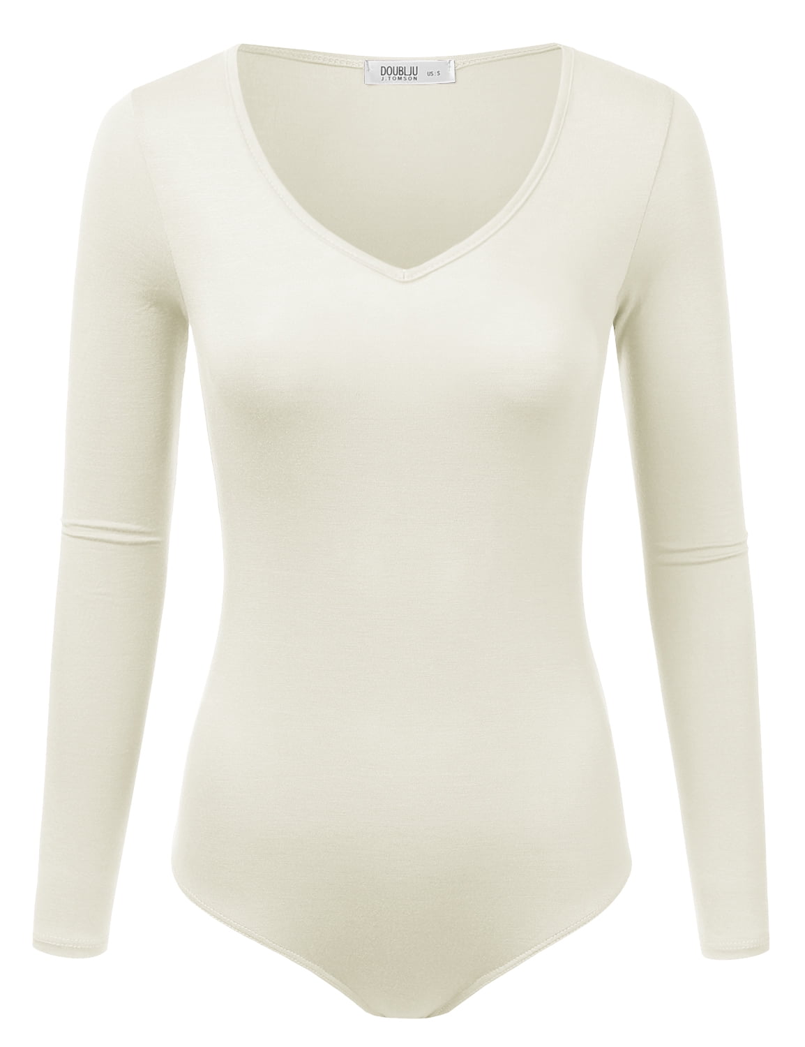 Doublju Women's Long Sleeve V-Neck Stretchy Bodysuit Tops (Plus Size ...