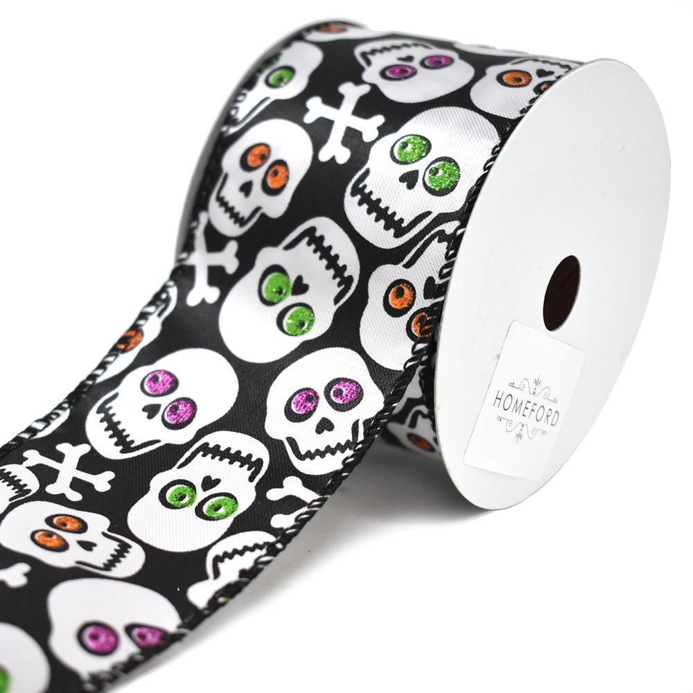 Glitter Crazy Skull and Cross Bone Satin Wired Ribbon, Black/White, 2-1 ...