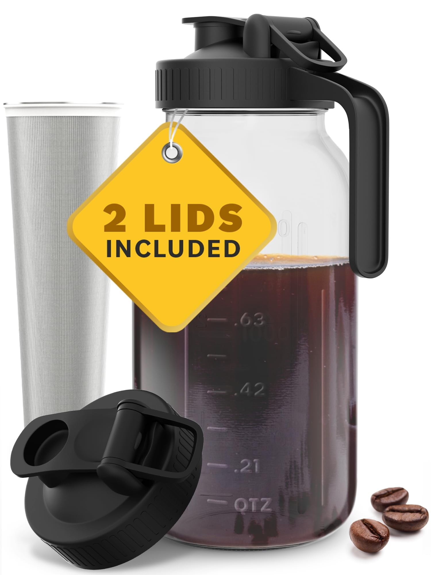 Cafetera Cold Brew Home Hero de 1,9 L con cuerpo de vidrio y 2 tapas ...