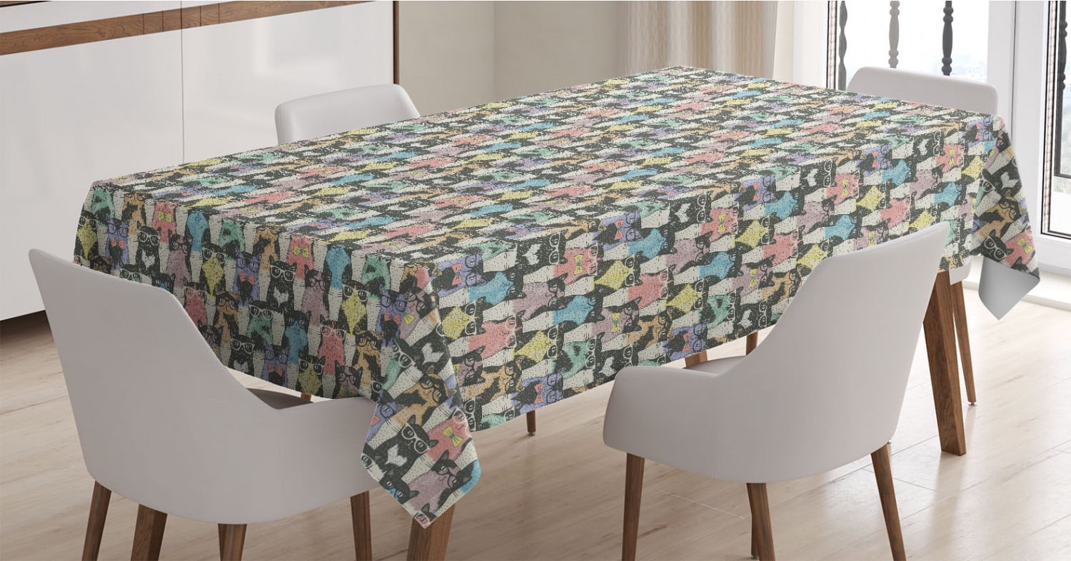 Funny Cartoon Tablecloth, Theme of Playful Hipster Cats with Glasses ...
