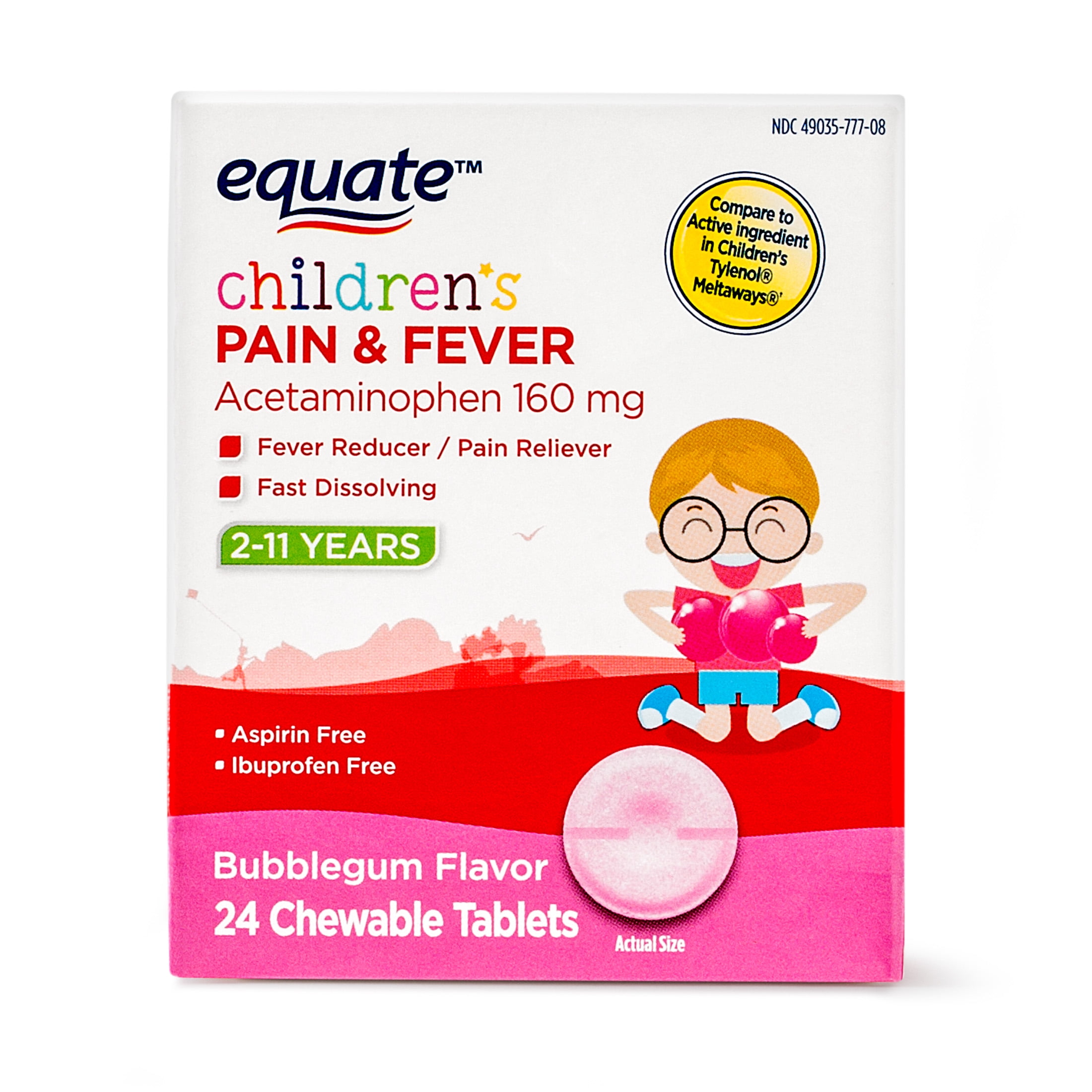 Equate Children's Bubblegum Pain & Fever Reliever Chewable Tablets, 160 ...