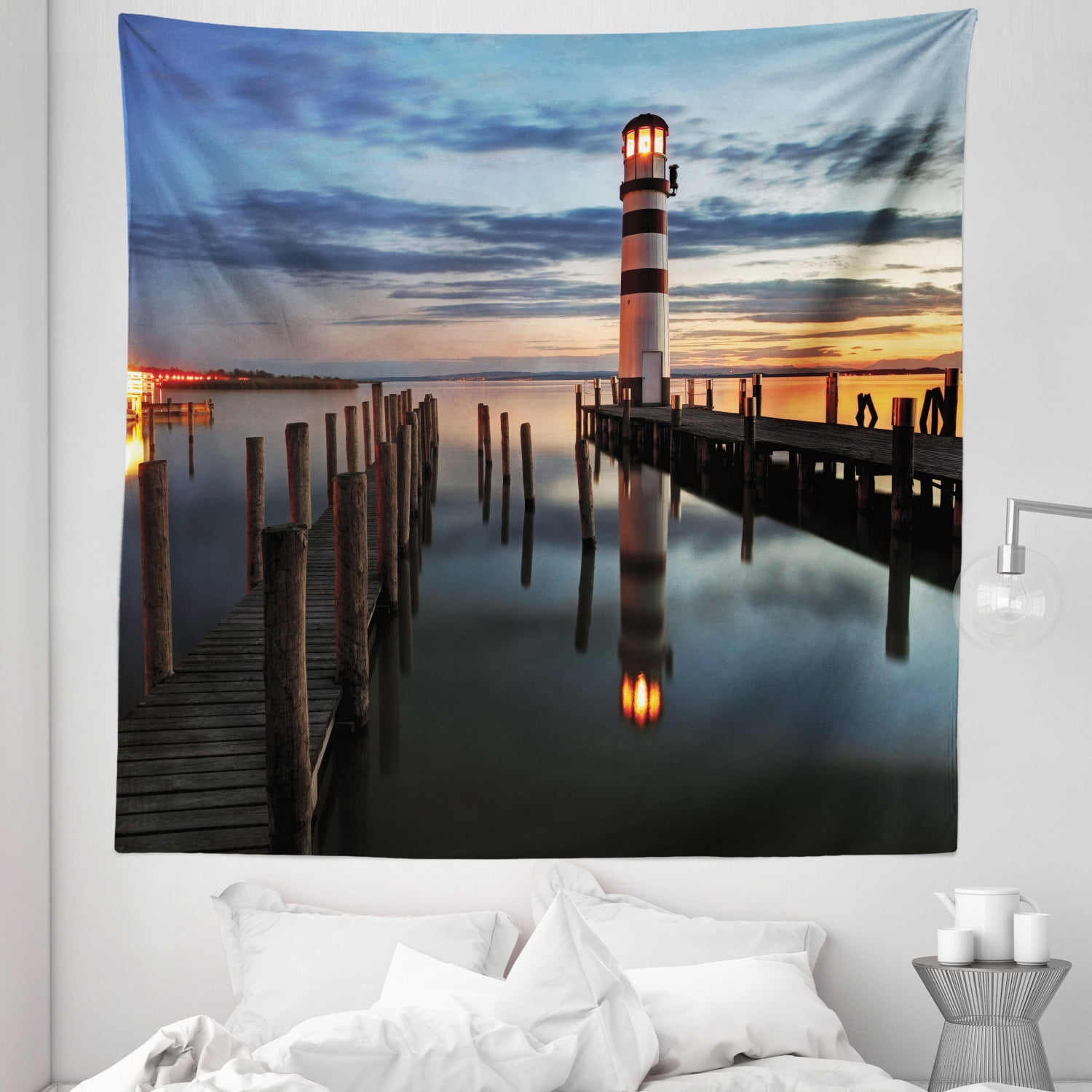 Colorful Tapestry, Calm Dusk at Bay Lighthouse and Wooden Boardwalk ...