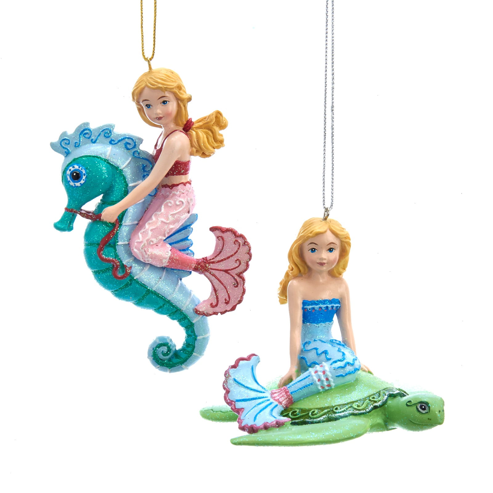 Mermaids Riding Seahorse and Sea Turtle Holiday Ornaments 3.75 Inches ...