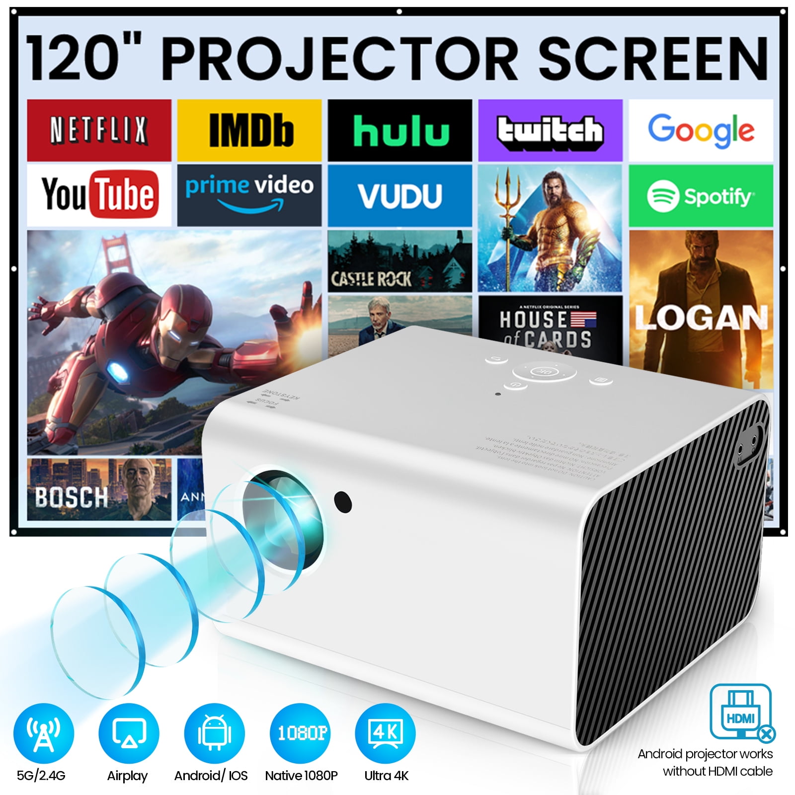 Buy Doosl Mini Projector, Native 1080P Bluetooth WiFi Projector ...