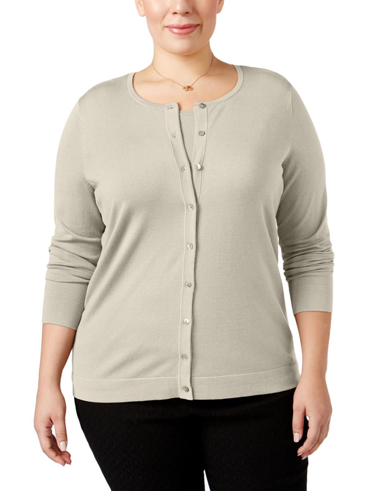 August Silk Womens Plus Knit Crew Neck Cardigan Sweater Beige 3X ...