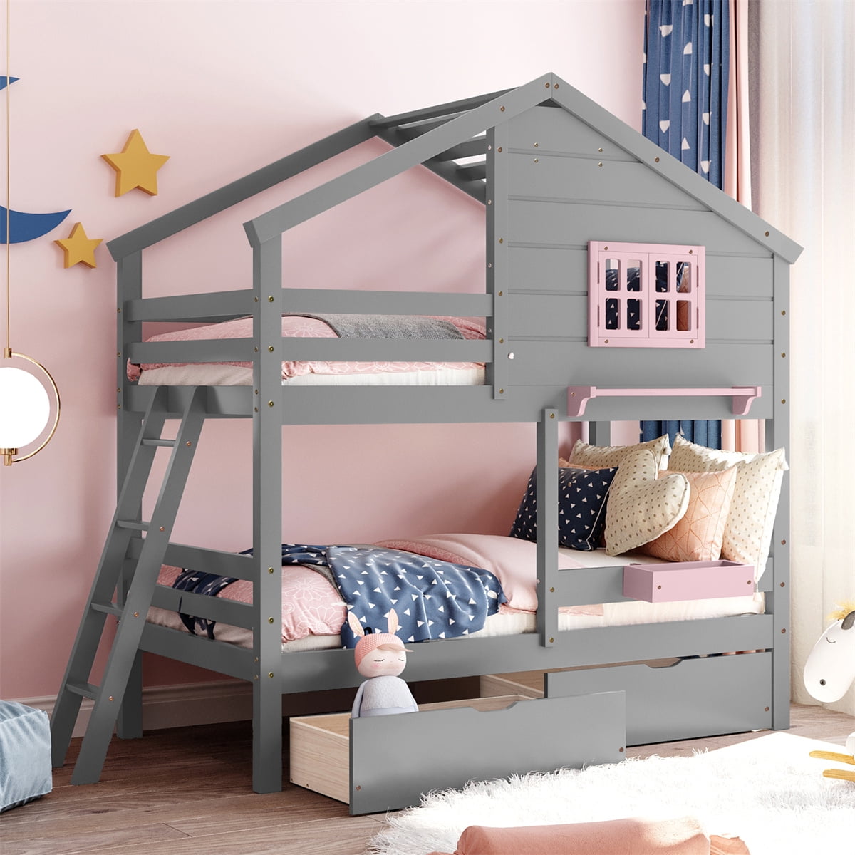 Twin over Twin House Shape Bunk Bed with 2 Drawers and Inclined Ladder ...